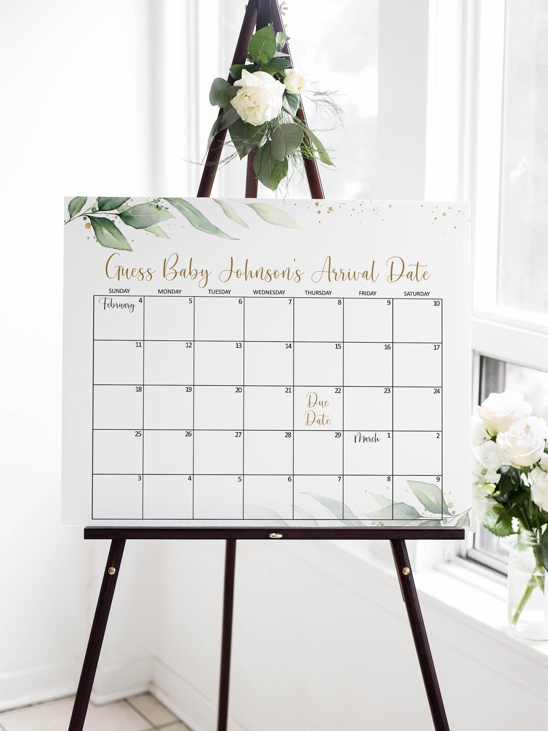 Editable Baby Due Date Calendar Sign Greenery Gender Neutral Baby ...