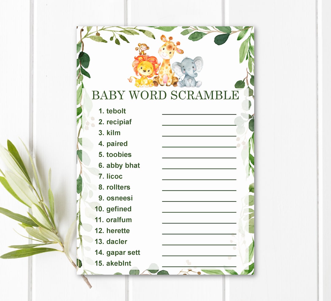 Safari Baby Shower Baby Word Scramble Game With Answers, Jungle Animals ...
