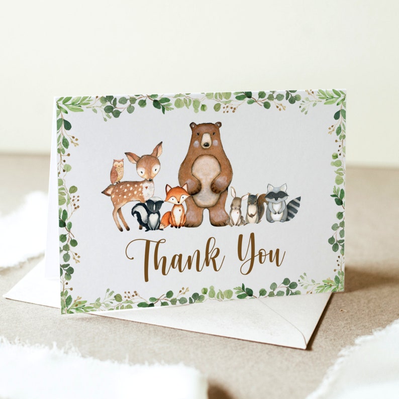 Woodland Animals Thank You Card Greenery Woodland Baby Shower Forest ...