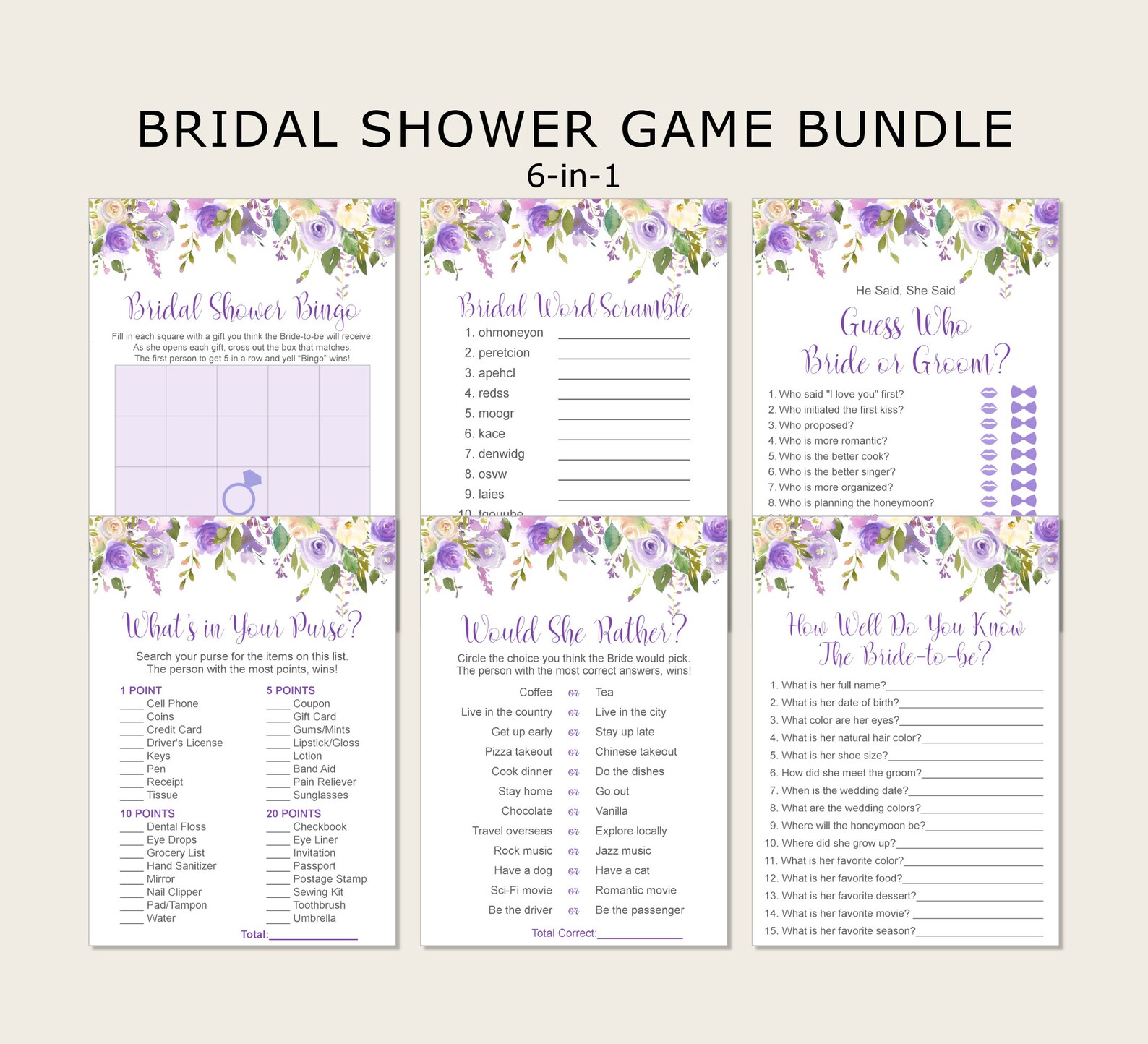 Purple Bridal Shower Games Bundle Printable Lavender Floral - Etsy