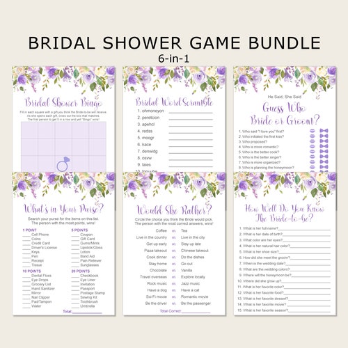 Purple Bridal Shower Games Package Printable Purple Gold - Etsy