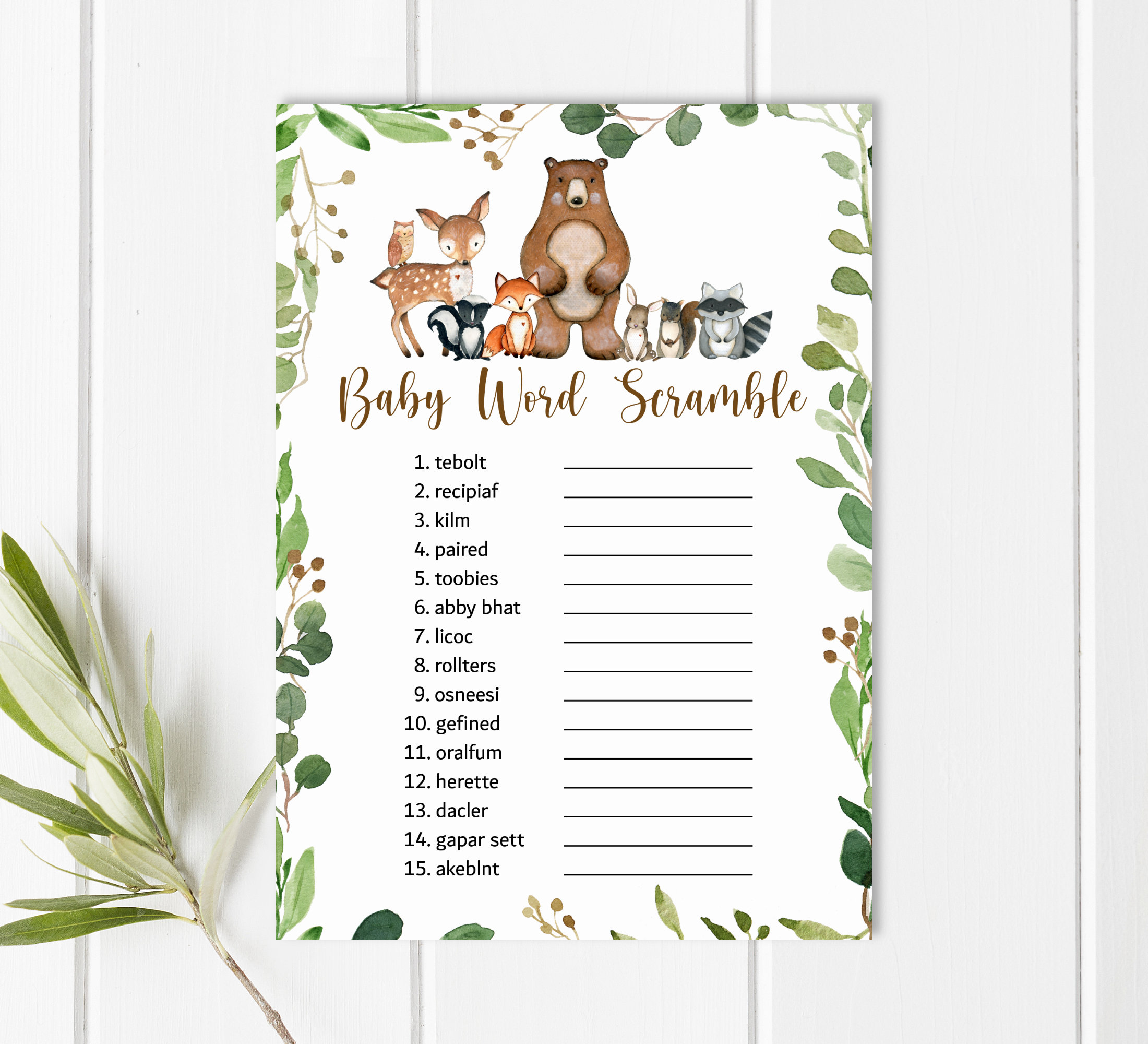 Baby Word Scramble Game Woodland Baby Shower Game Greenery | Etsy