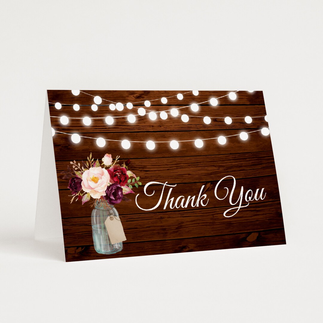 Floral Thank You Card Blush Burgundy Flowers Rustic Thank You Note Card ...