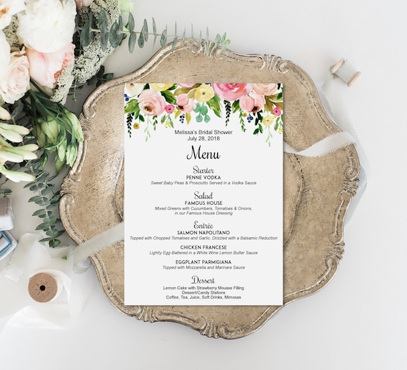 Menu Printable Spring Bridal Shower Baby Shower Birthday - Etsy