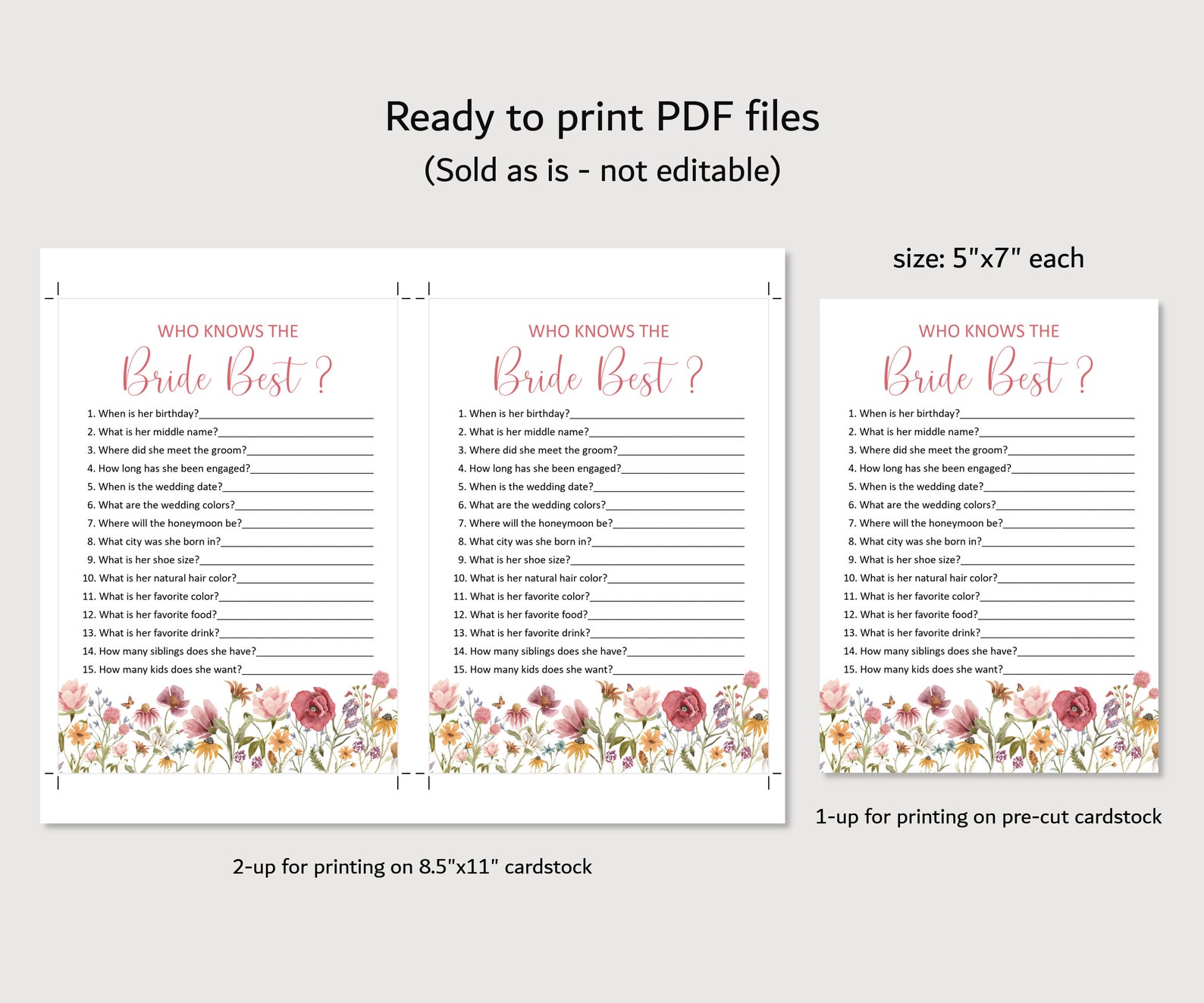 Who Knows the Bride Best Game Wildflower Bridal Shower Game Printable ...