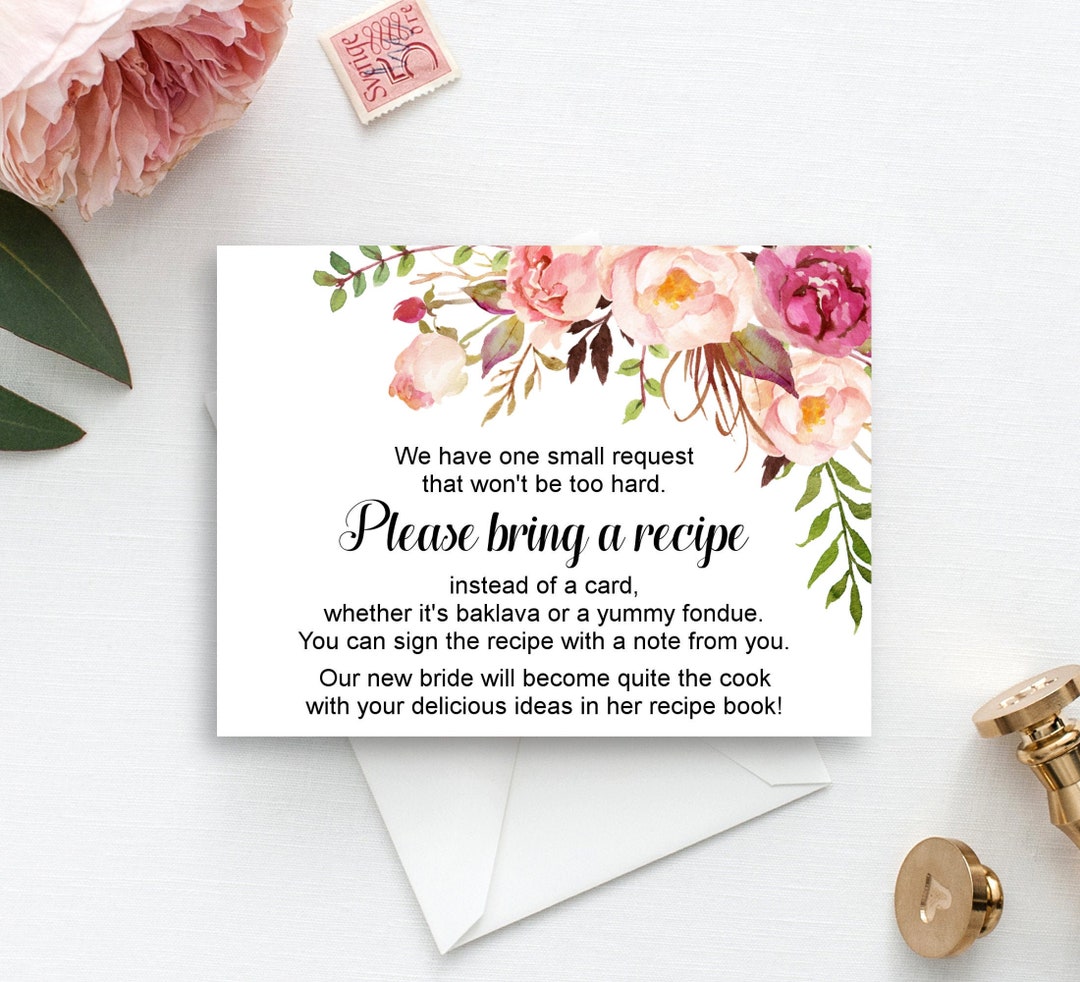Please Bring a Recipe Invitation Inserts Boho Pink Floral Bridal Shower ...