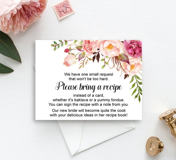 Please bring a recipe invitation inserts Boho Pink Floral Bridal Shower ...