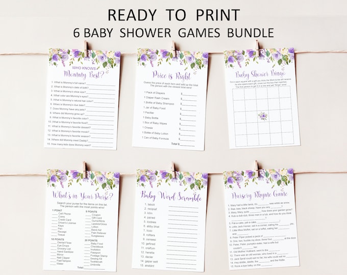 Purple Baby Shower Games Printable Baby Shower Games Package Baby ...
