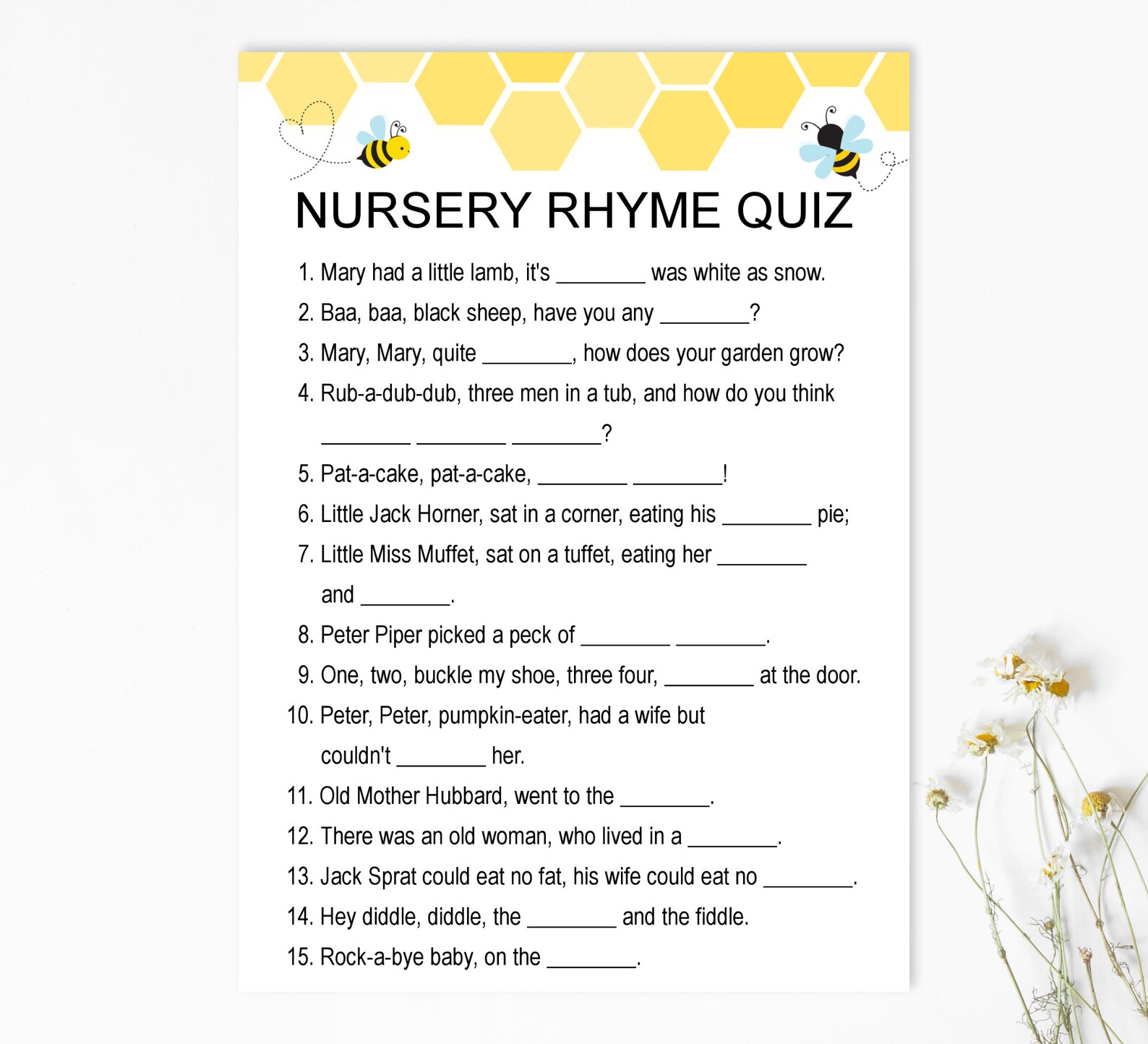 Nursery Rhyme Quiz Bumble Bee Baby Shower Game Printable Honey - Etsy