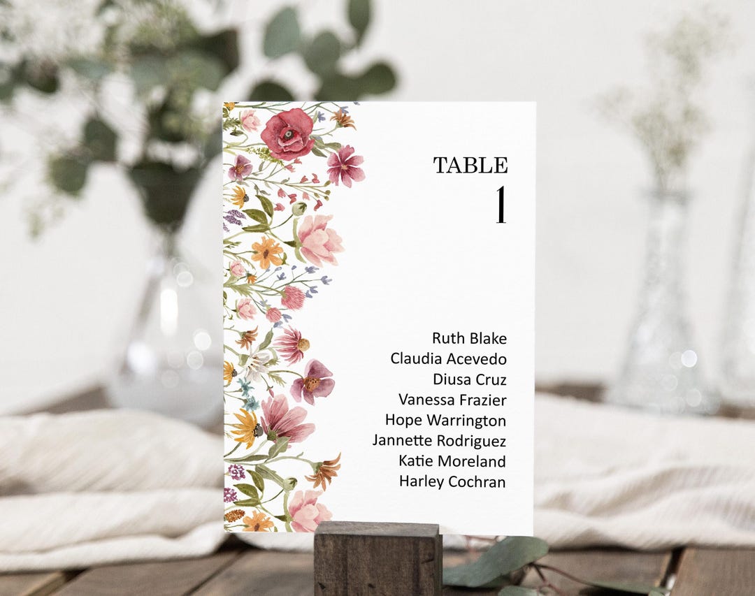 Editable Wildflower Seating Chart Card, Table Seating Chart, Wedding ...