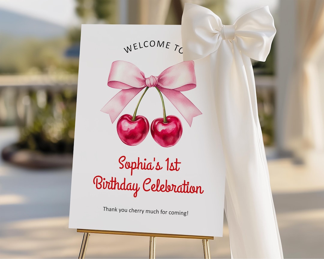Editable Coquette Birthday Welcome Sign, Pink Bow Cherry Welcome Sign ...