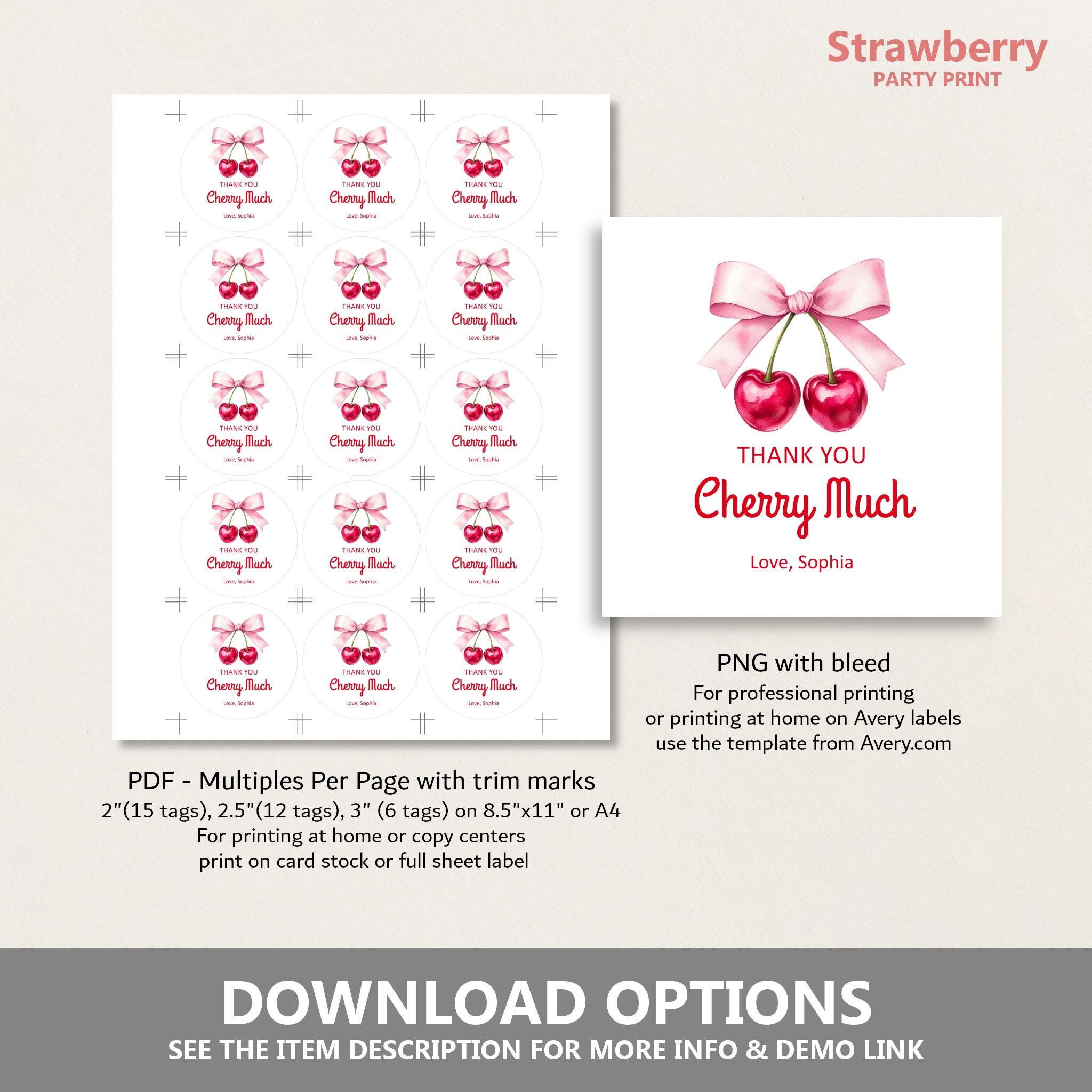 Editable Pink Bow Cherry Thank You Tag Cherry on Top Party Favor Tag ...