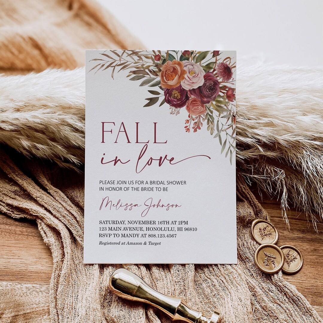 Editable Fall Bridal Shower Invitation Fall in Love Invitation Burgundy ...