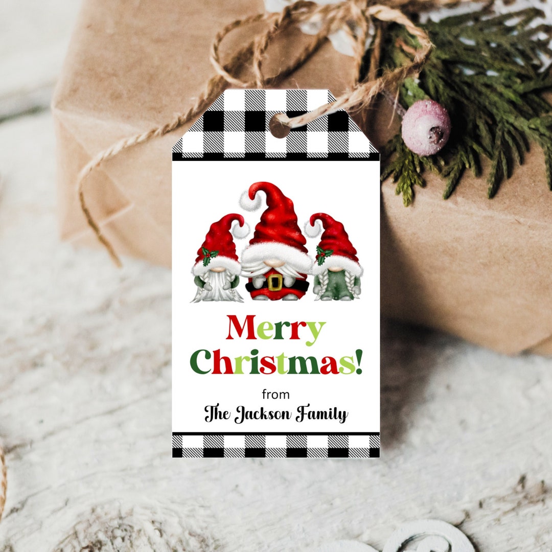 Editable Christmas Gnomes Tag Christmas Gift Tags White Buffalo Plaid ...