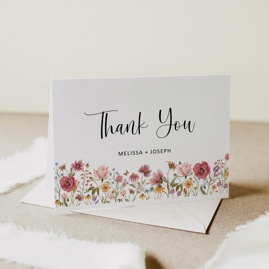 Editable Wildflower Thank You Card Template, Floral Thank You Note Card ...