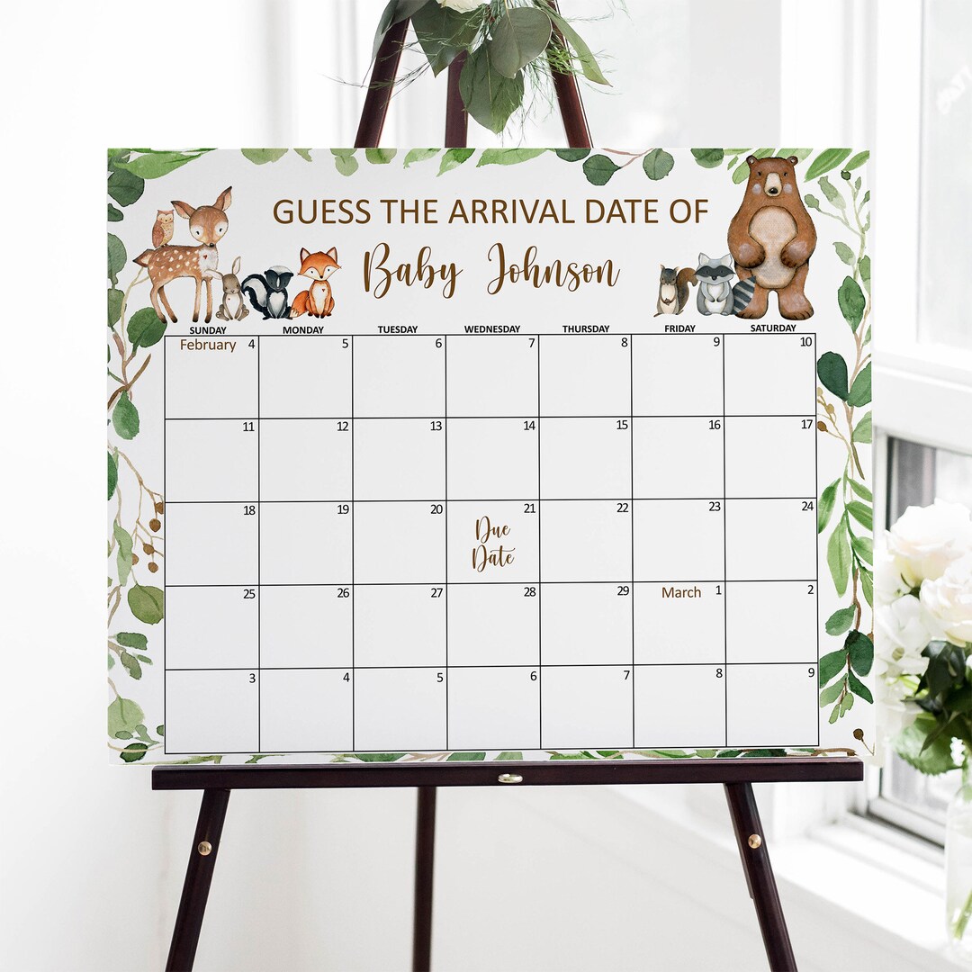 Editable Woodland Baby Due Date Calendar Woodland Baby Shower Game ...