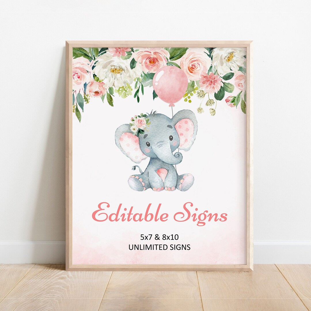 Editable Elephant Custom Sign Pink Elephant Baby Shower Girl Little ...