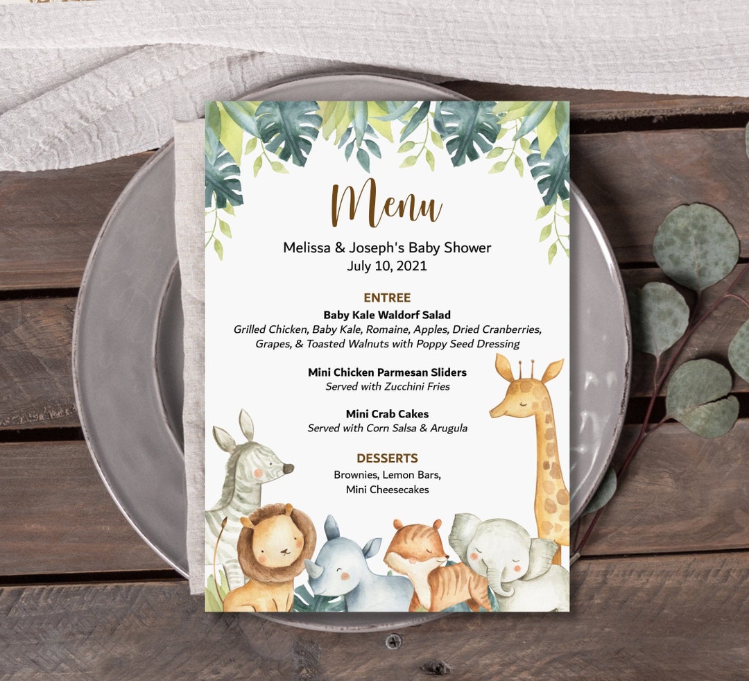 CUSTOM Jungle Safari Menu Card Menu Sign Jungle Baby Shower Safari ...