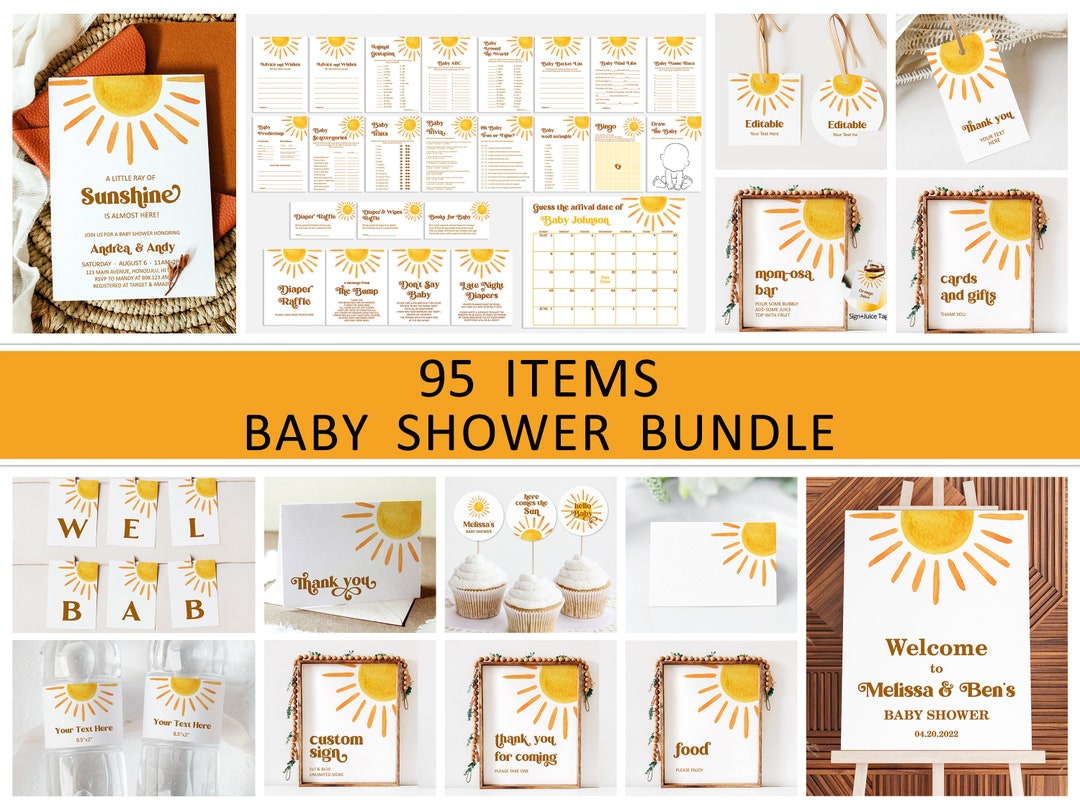 Editable Sunshine Baby Shower Bundle Sun Baby Shower Invitation Bundle ...