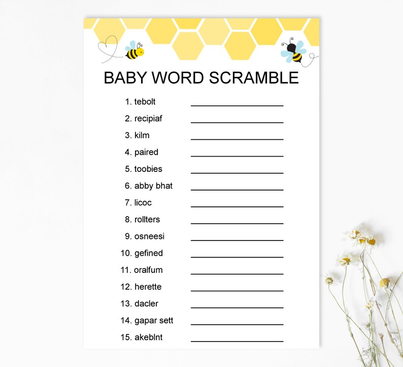 Baby Word Scramble Game Bumble Bee Baby Shower Game Printable - Etsy