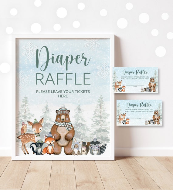Woodland Diaper Raffle Tickets and Sign Winter Woodland Baby Shower ...