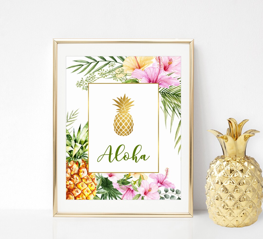Aloha Sign Tropical Welcome Sign Printable Luau Hawaiian Gold Pineapple ...
