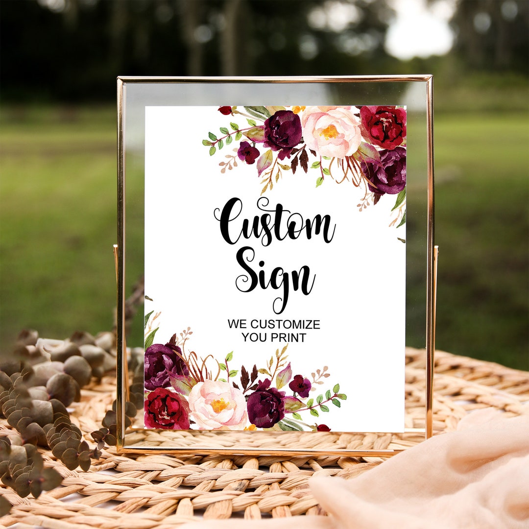 CUSTOM Burgundy Floral Table Sign Marsala Maroon Pink Blush Flowers ...