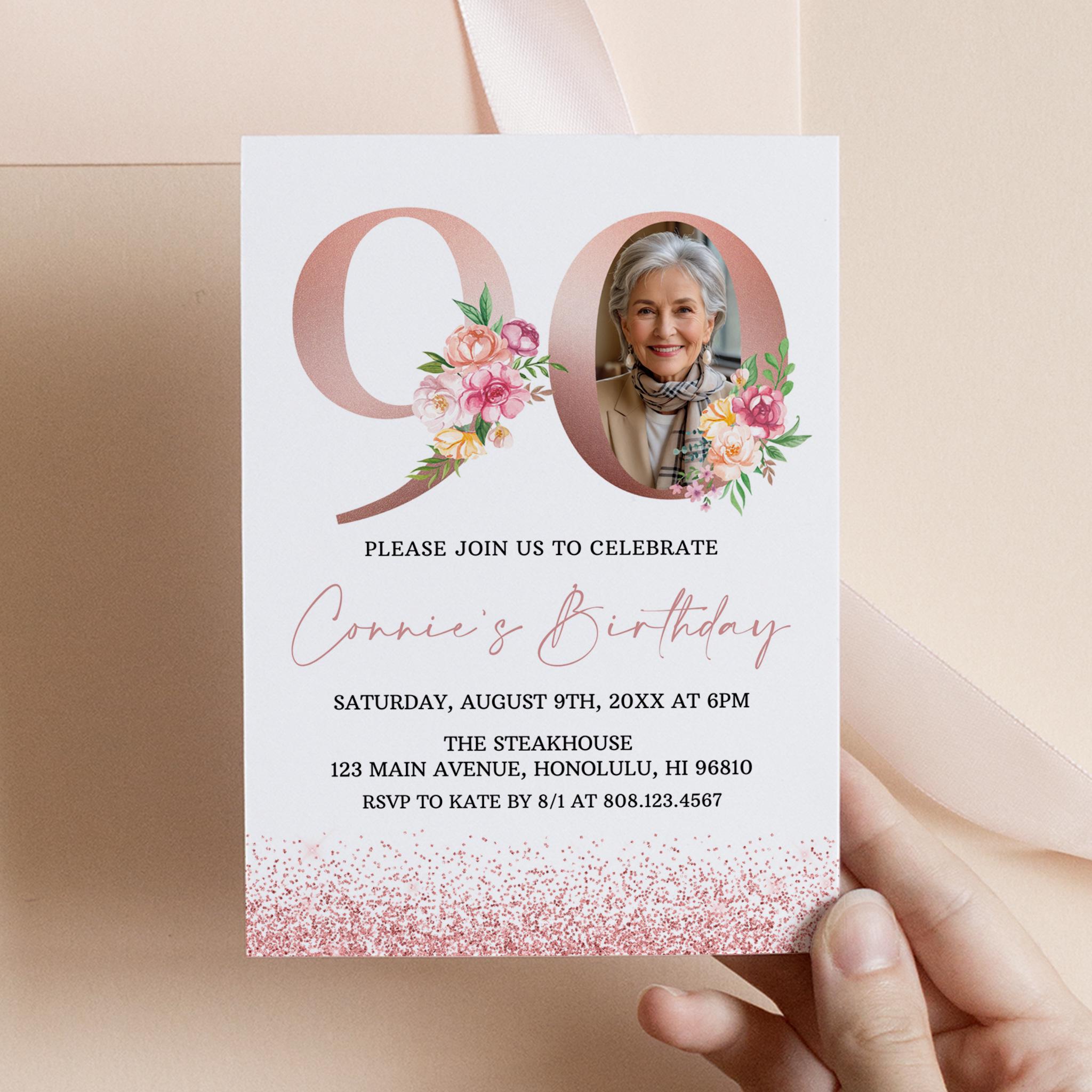 Editable 90th Birthday Welcome Sign, 90 Years Loved Sign, Pink Rose ...