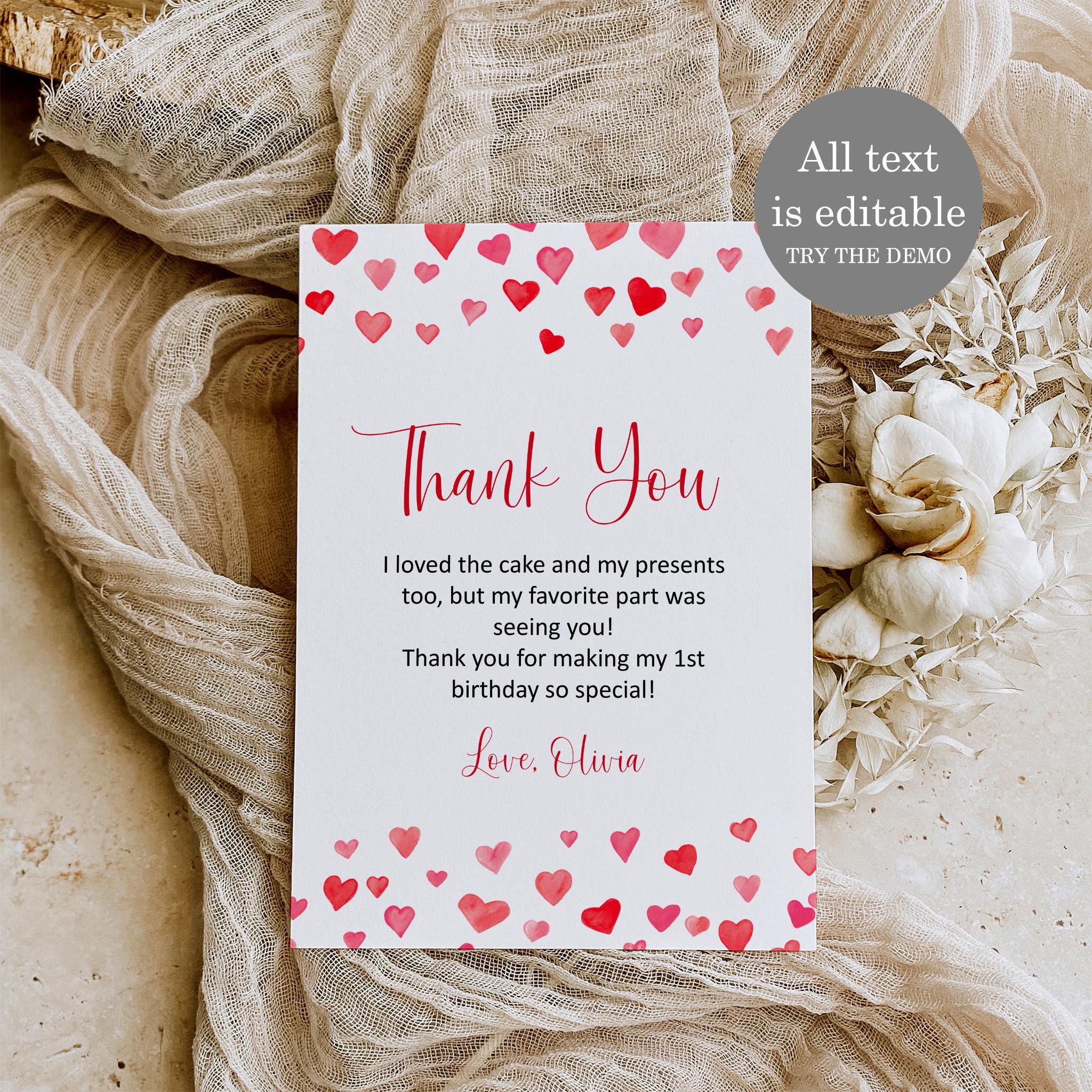 Editable Valentine Birthday Thank You Card Little Sweetheart Birthday ...