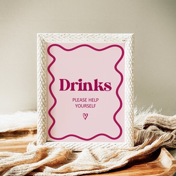 Drinks Station Sign Pink and Red Bridal Shower Retro Bridal Brunch Have ...