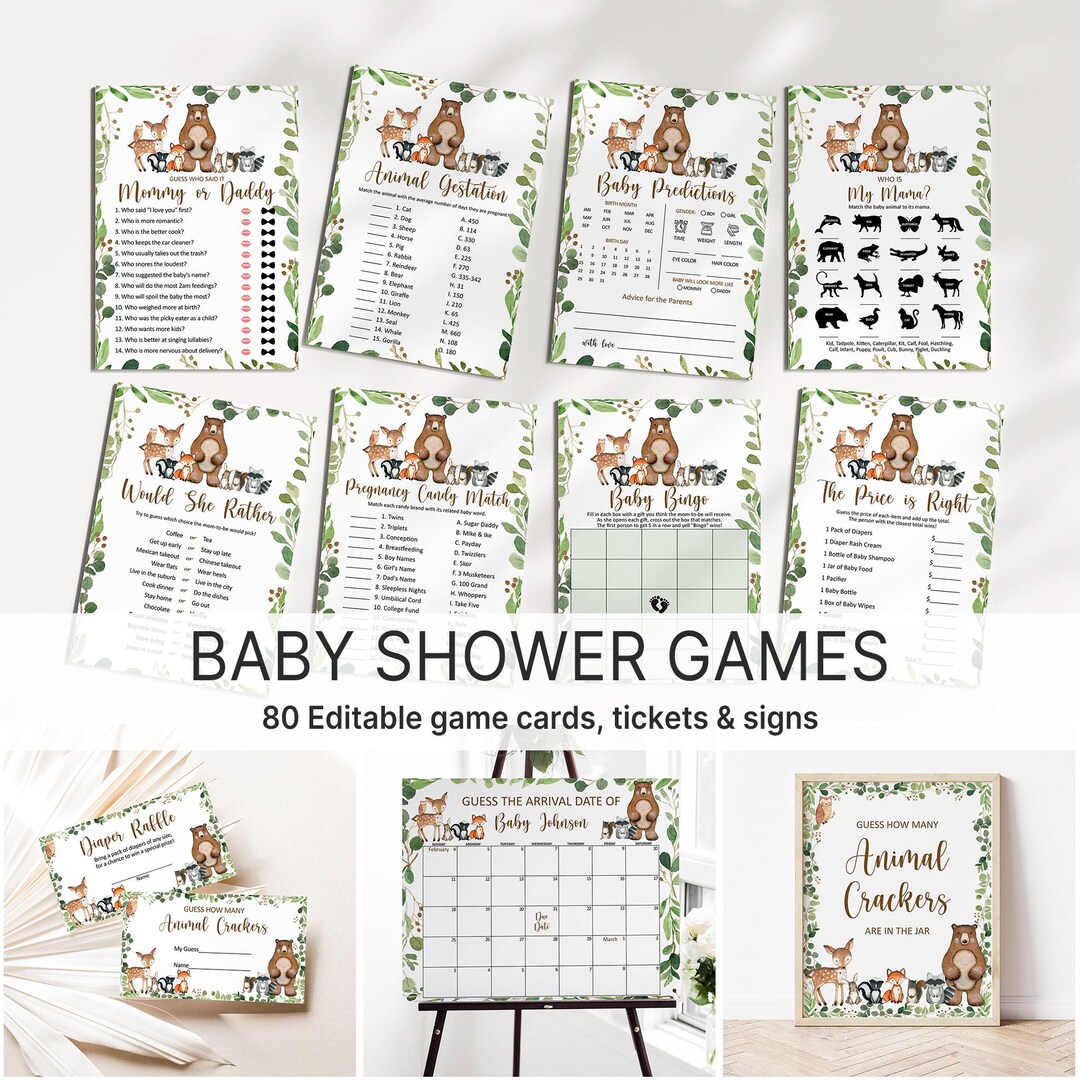 Editable Woodland Baby Shower Games Bundle – Greenery Forest Animals ...
