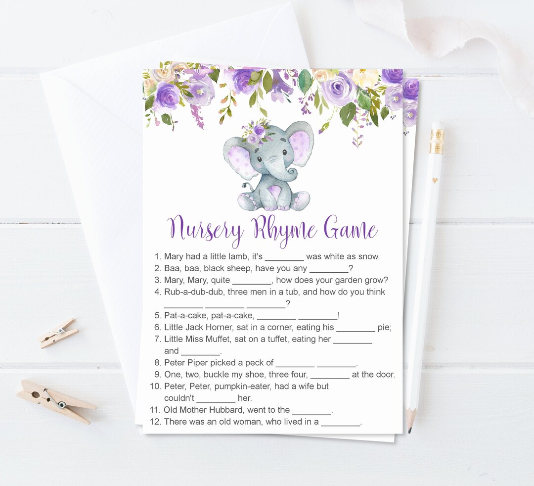 Elephant Nursery Rhyme Quiz Purple Elephant Baby Shower Game Printable ...