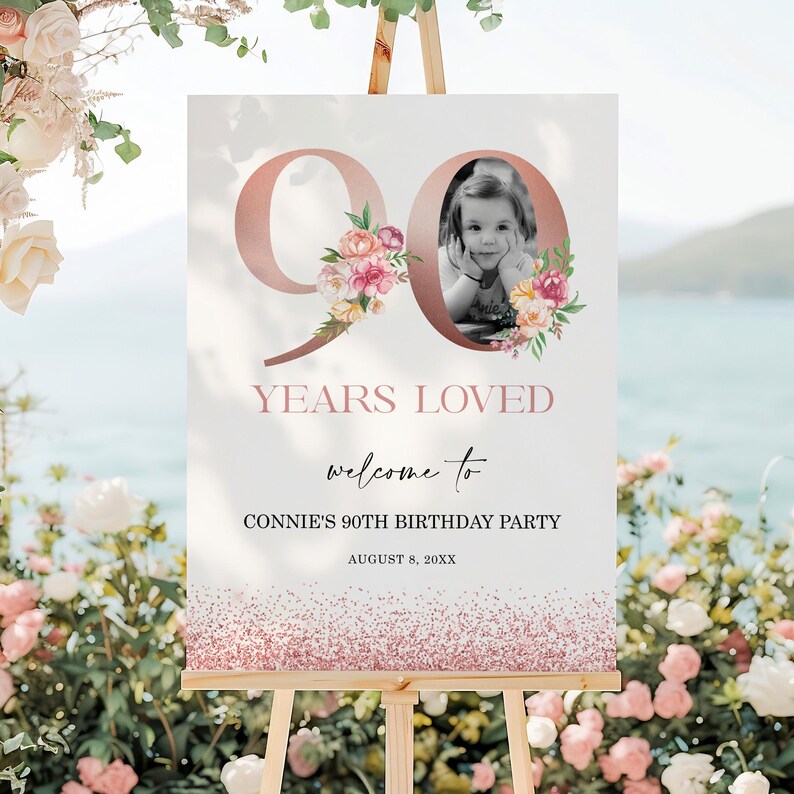 Editable 90th Birthday Welcome Sign, 90 Years Loved Sign, Pink Rose ...