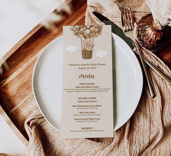 Teddy Bear Menu Printable Menu Cards Menu Sign Hot Air Balloon Bear ...