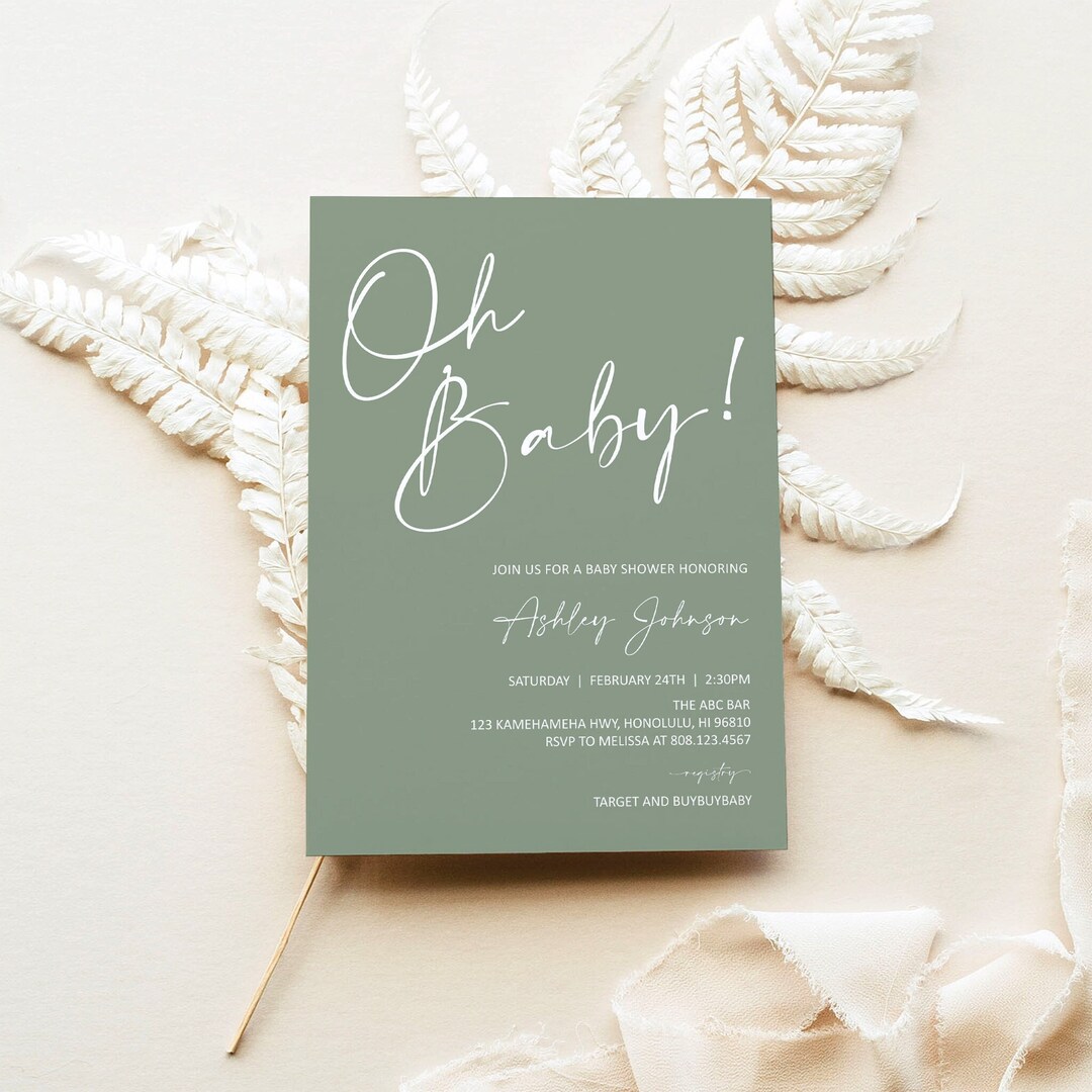 Editable Oh Baby Baby Shower Invitation — Minimalist Sage Green ...