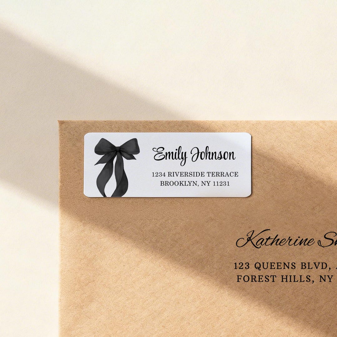 Editable Black Bow Return Address Label Template, Coquette Ribbon ...