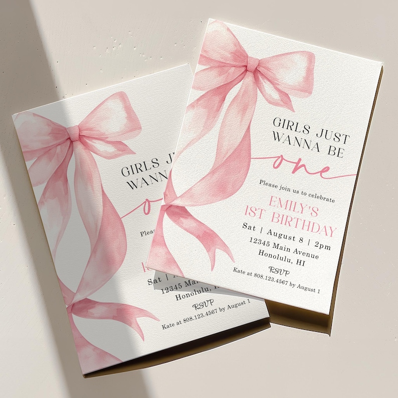 Editable Pink Bow First Birthday Invitation, 1st Birthday Invite, Girls ...