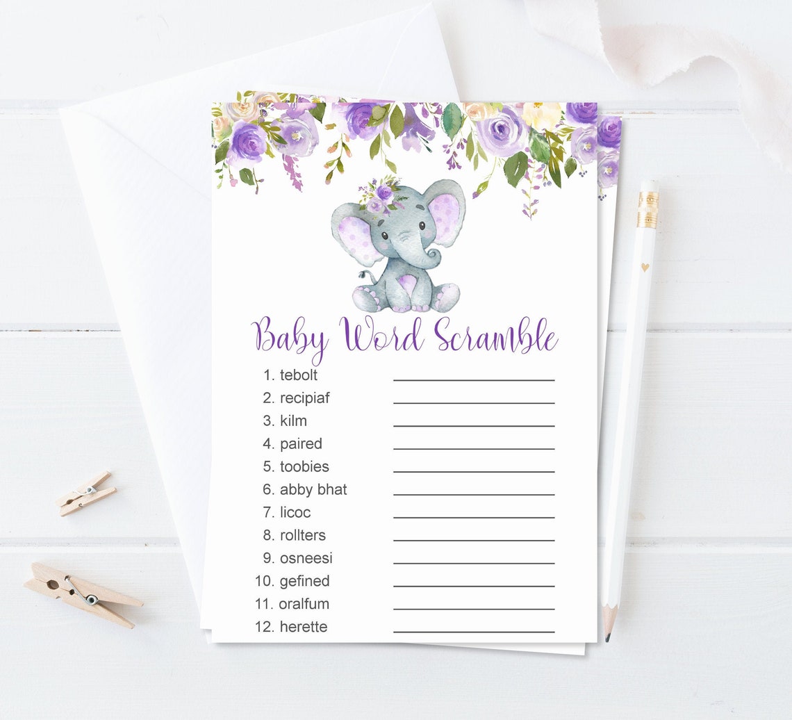 Elephant Baby Shower Game Baby Word Scramble Game Printable - Etsy