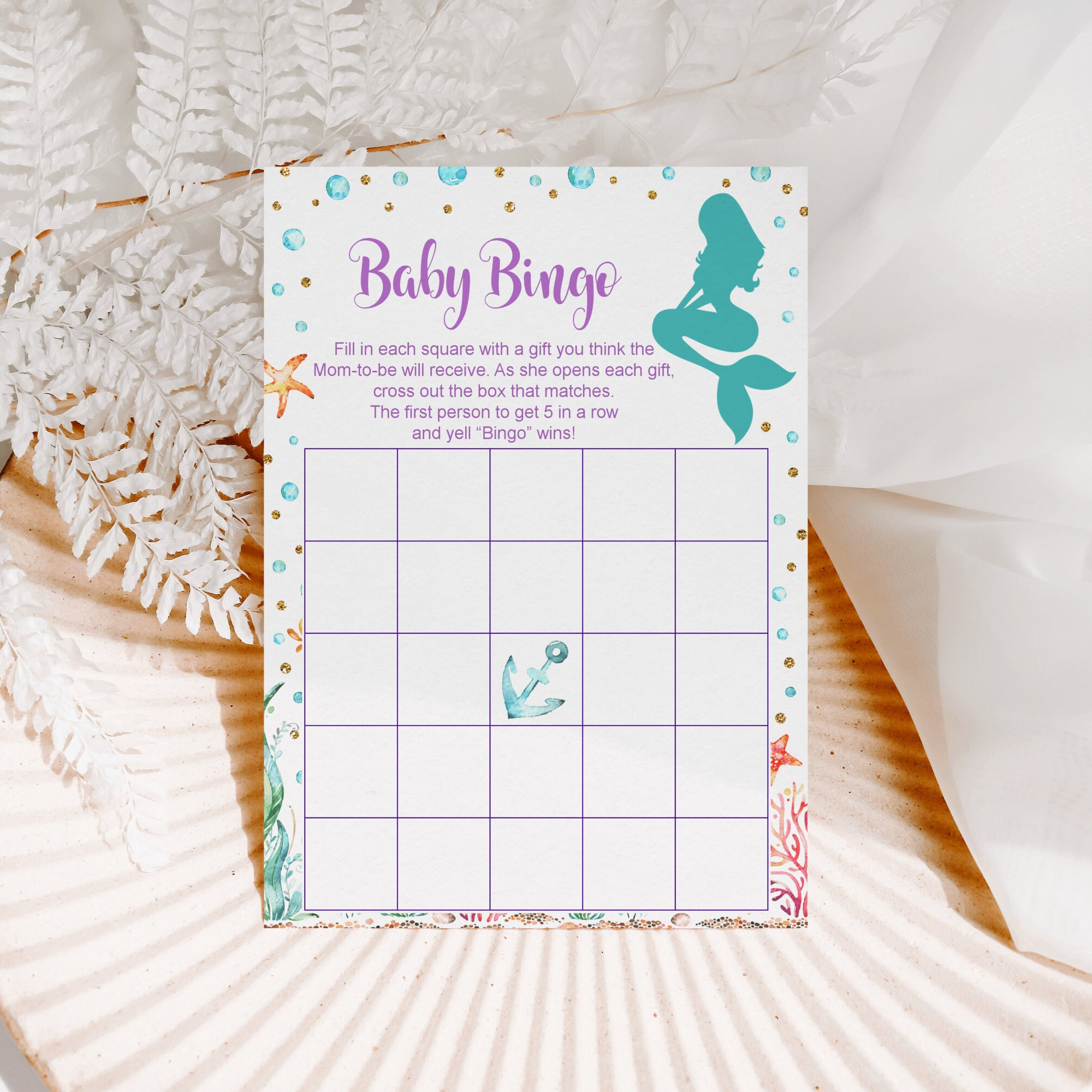 Mermaid Baby Shower Bingo Game Cards Mermaid Bingo Under the Sea Baby ...