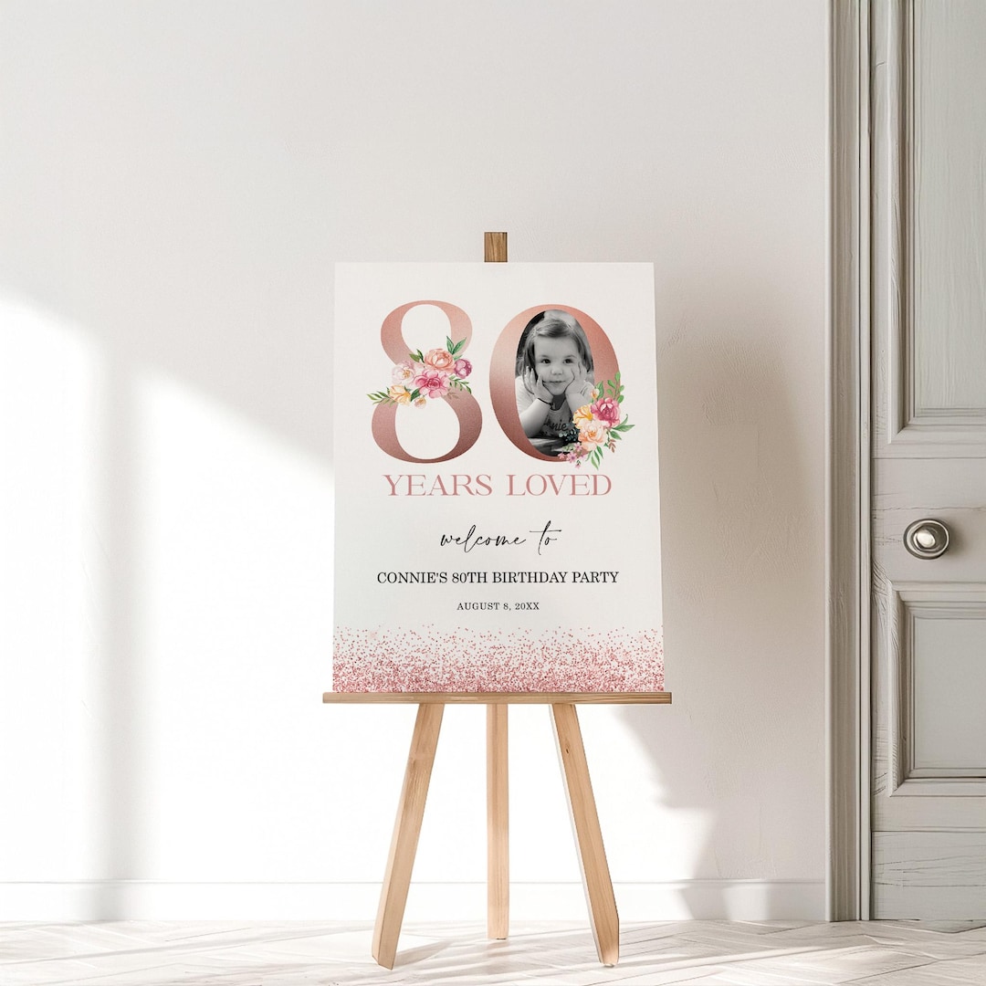 Editable 80th Birthday Welcome Sign, 80 Years Loved Sign, Pink Rose ...