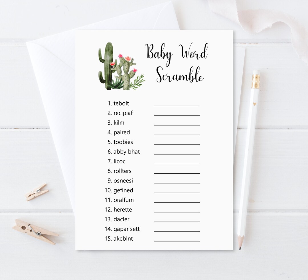 Succulent Cactus Baby Shower Baby Word Scramble With Answer Boho Fiesta ...