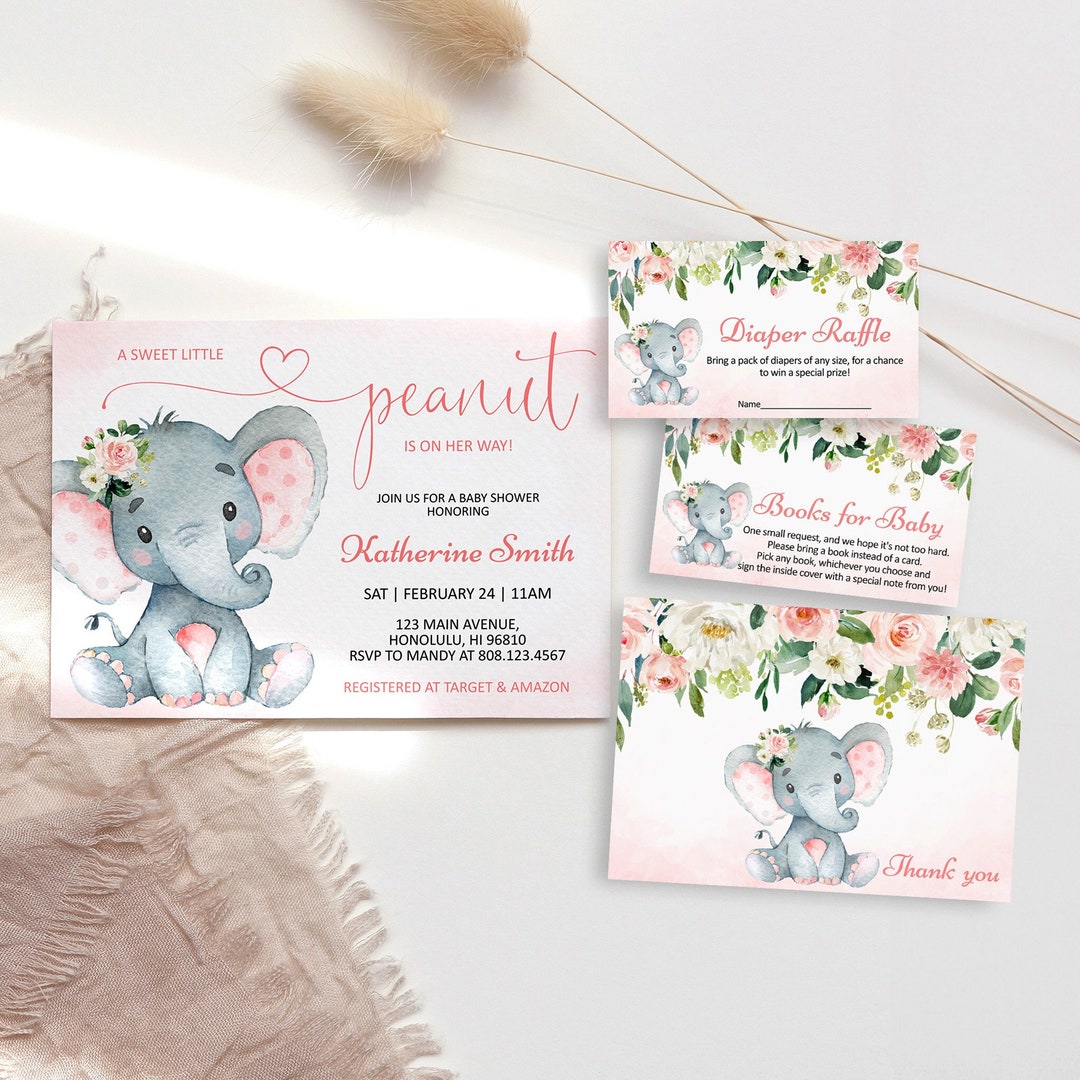 Editable Elephant Baby Shower Invitation Bundle Pink Elephant ...