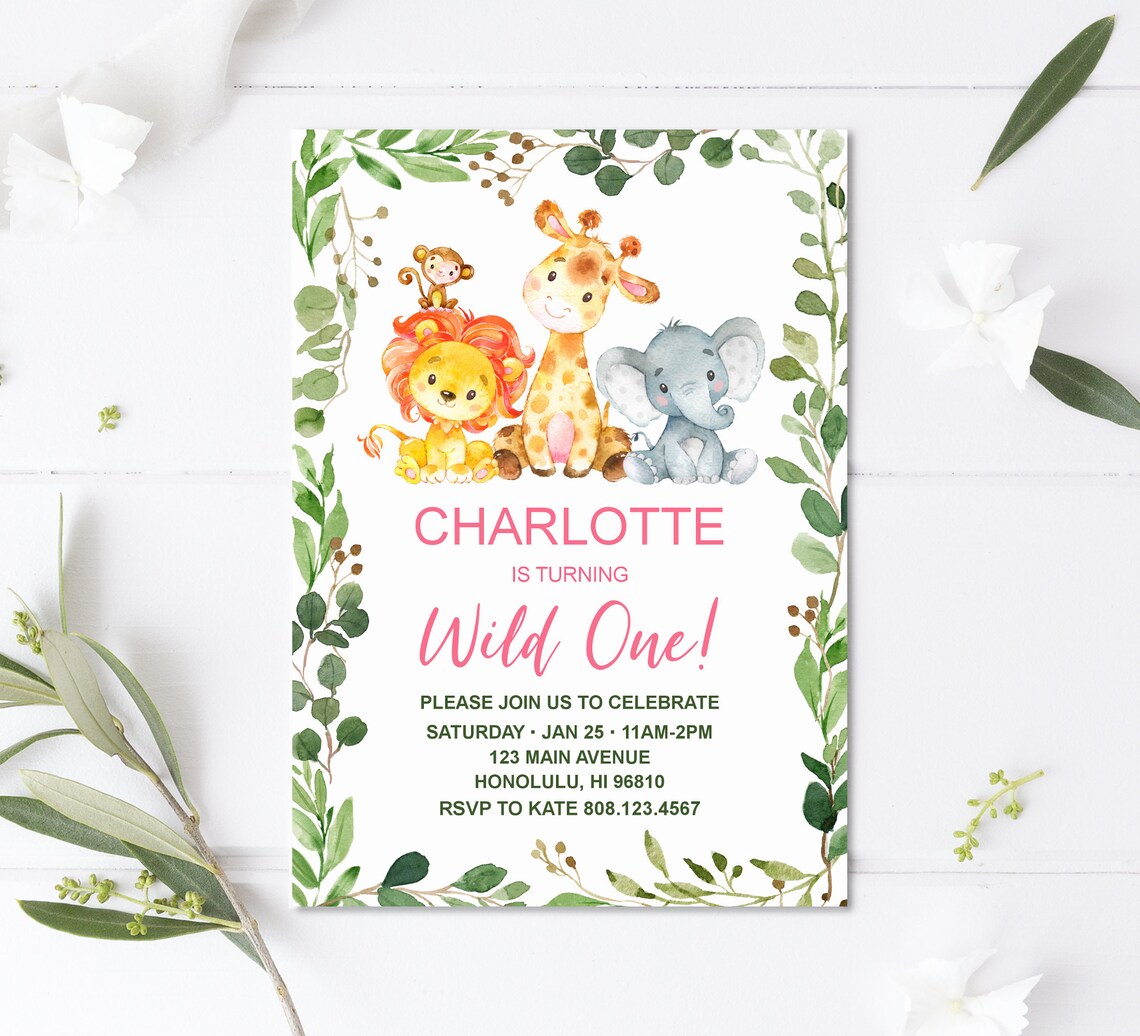 Girl Wild One Birthday Invitation Jungle Birthday Invitation - Etsy