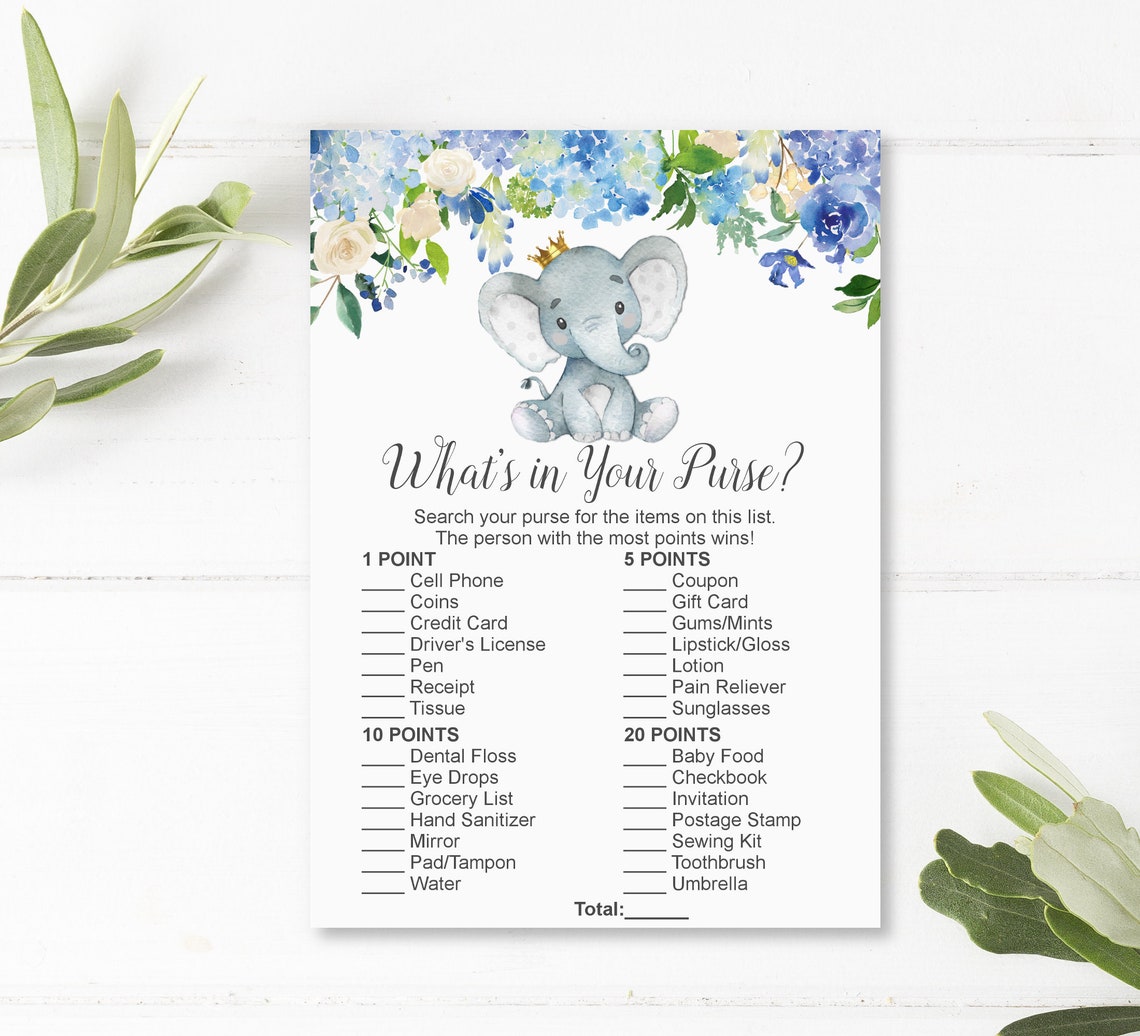 Elephant Baby Shower Game Whats in Your Purse Baby Shower Game - Etsy