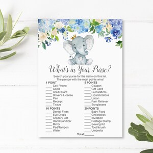 Elephant Baby Shower Game Whats in Your Purse Baby Shower Game Blue ...
