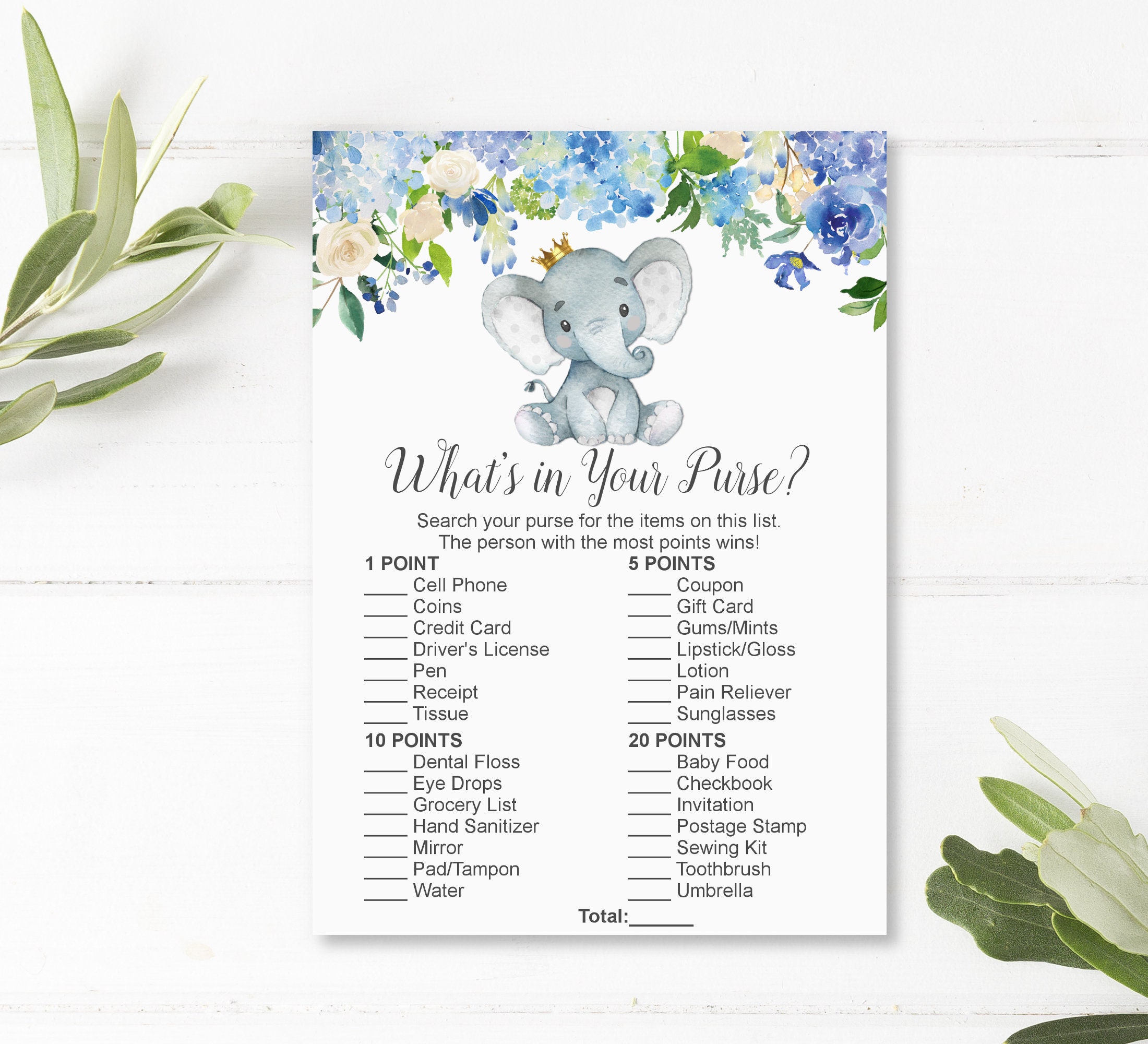 Elephant Baby Shower Game Whats in Your Purse Baby Shower Game - Etsy