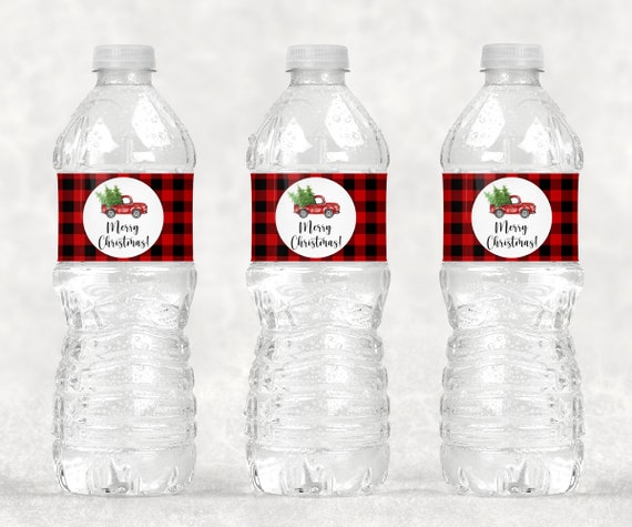 Christmas Water Bottle Labels Red Christmas Truck Buffalo Plaid Holiday ...