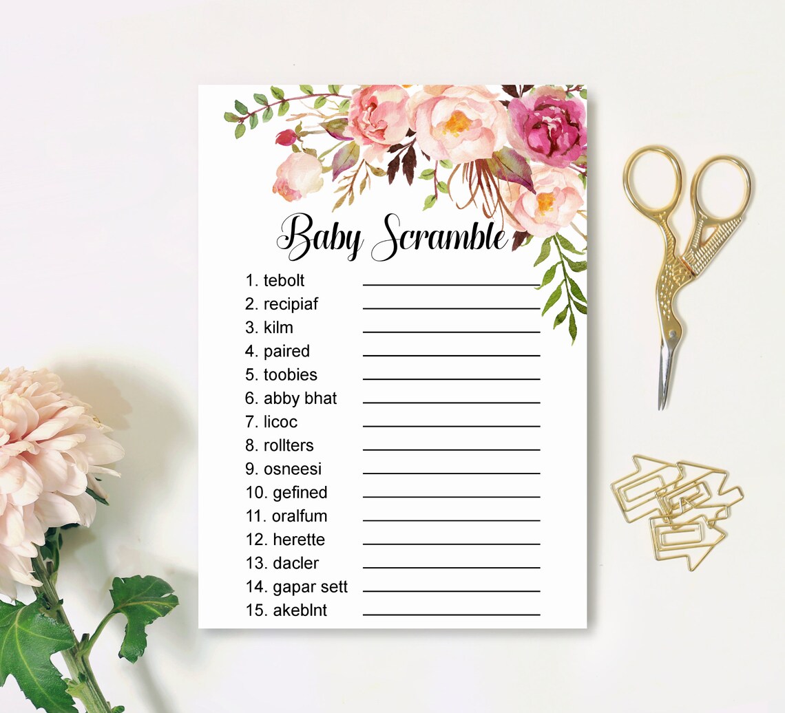 Pink Floral Baby Shower Word Scramble Boho Baby Shower | Etsy