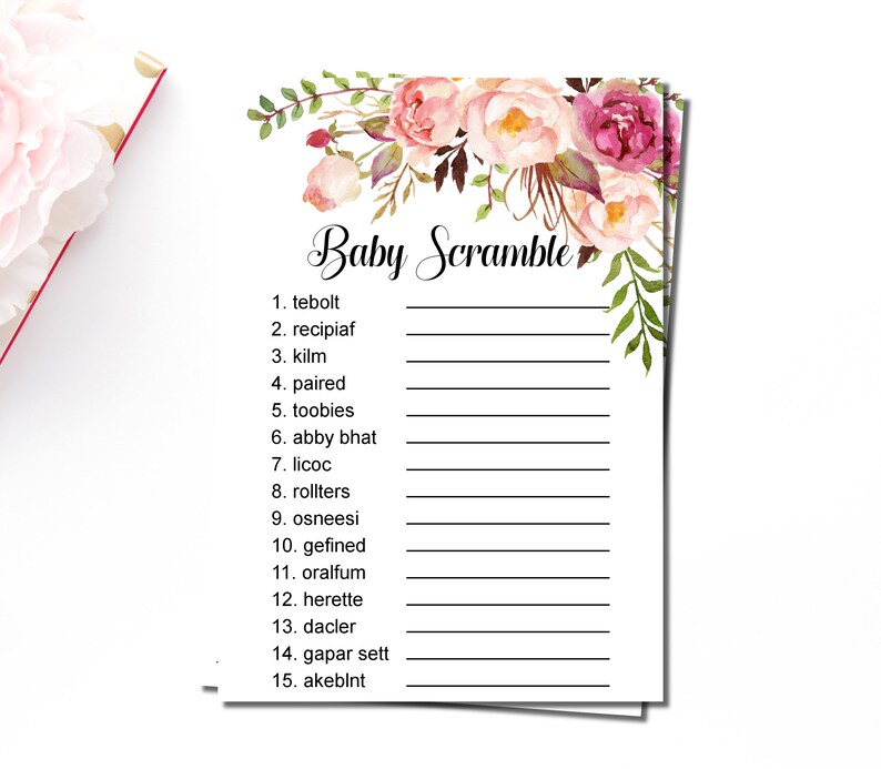 Pink Floral Baby Shower Word Scramble Boho Baby Shower Scramble Games ...