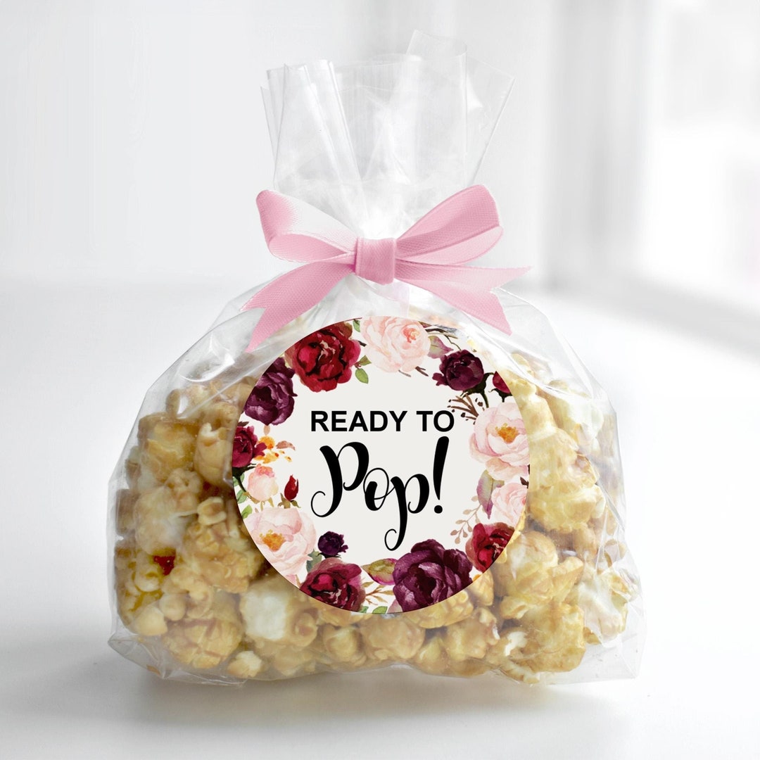 Ready to Pop Sticker Tag Floral Baby Shower Favor Tag Popcorn Bag Label ...